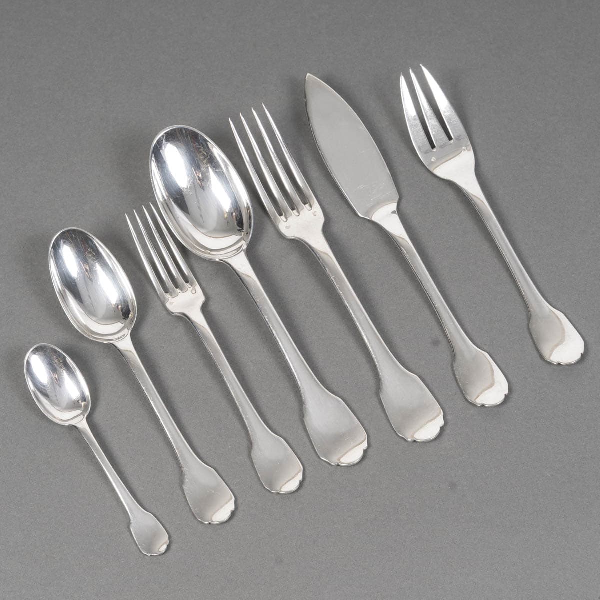 JEAN E. PUIFORCAT 106-PIECE SOLID SILVER FLATWARE SET, COLBERT MODEL ...